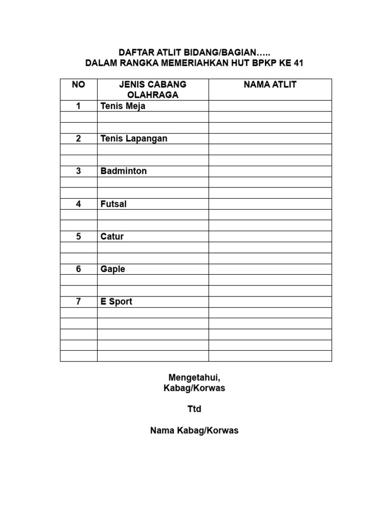 Daftar Atlet HUT BPKP Ke-41 | PDF
