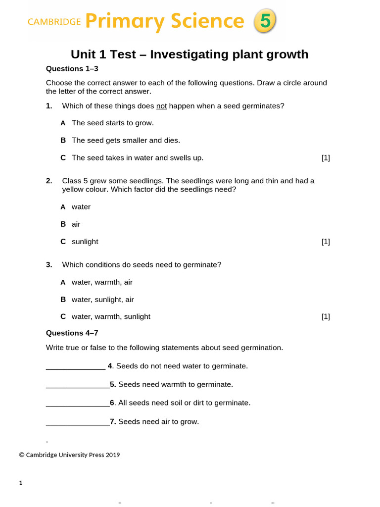 Plant Growth Unit 1 Test Questions | PDF | Seed | Germination