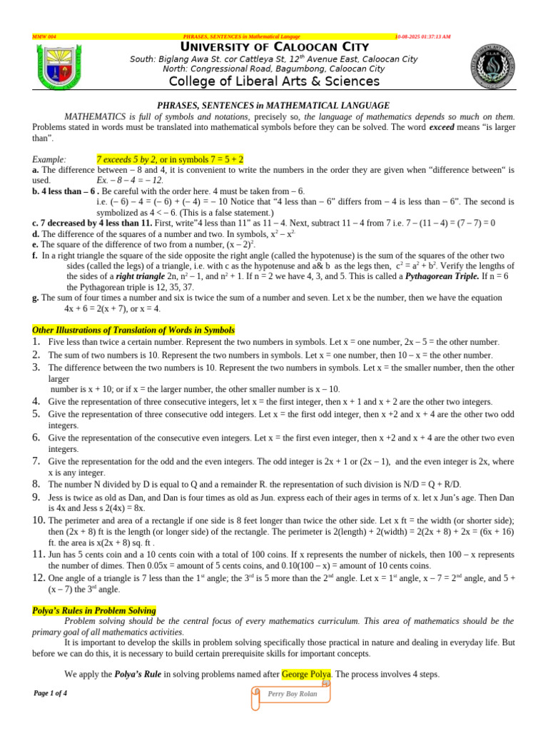 4 Phraseslj Sentences in Math Lang New 2023 2 | PDF | Mathematics | Grammar