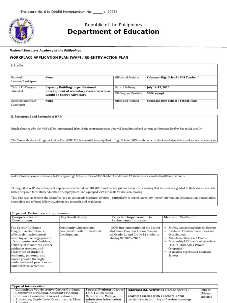WAP - REAP Template Sample | PDF | School Counselor | Learning