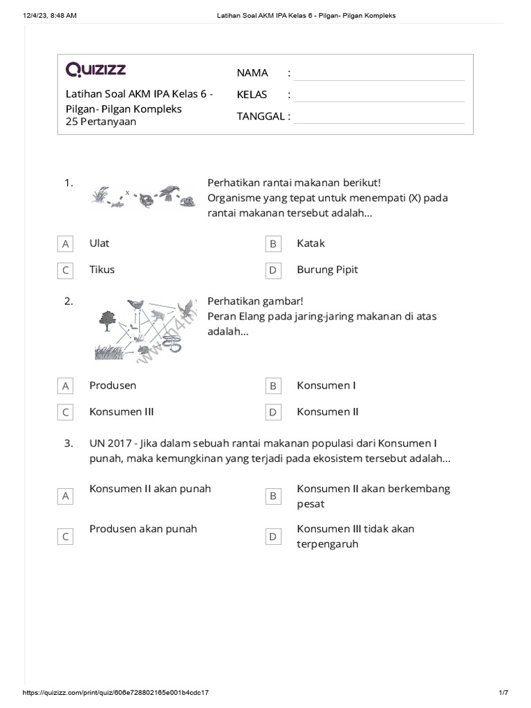 Latihan Soal AKM IPA Kelas 6 - Pilgan - Pilgan Kompleks | PDF