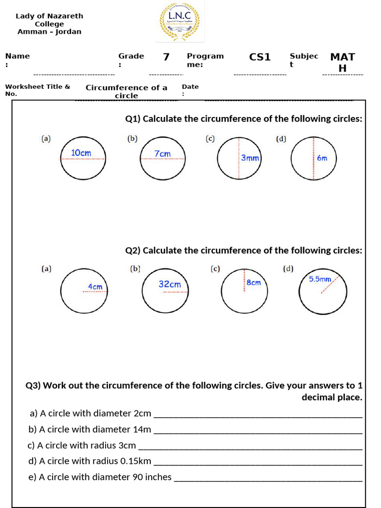 7th Grade Circumference of A Circle Worksheet | PDF