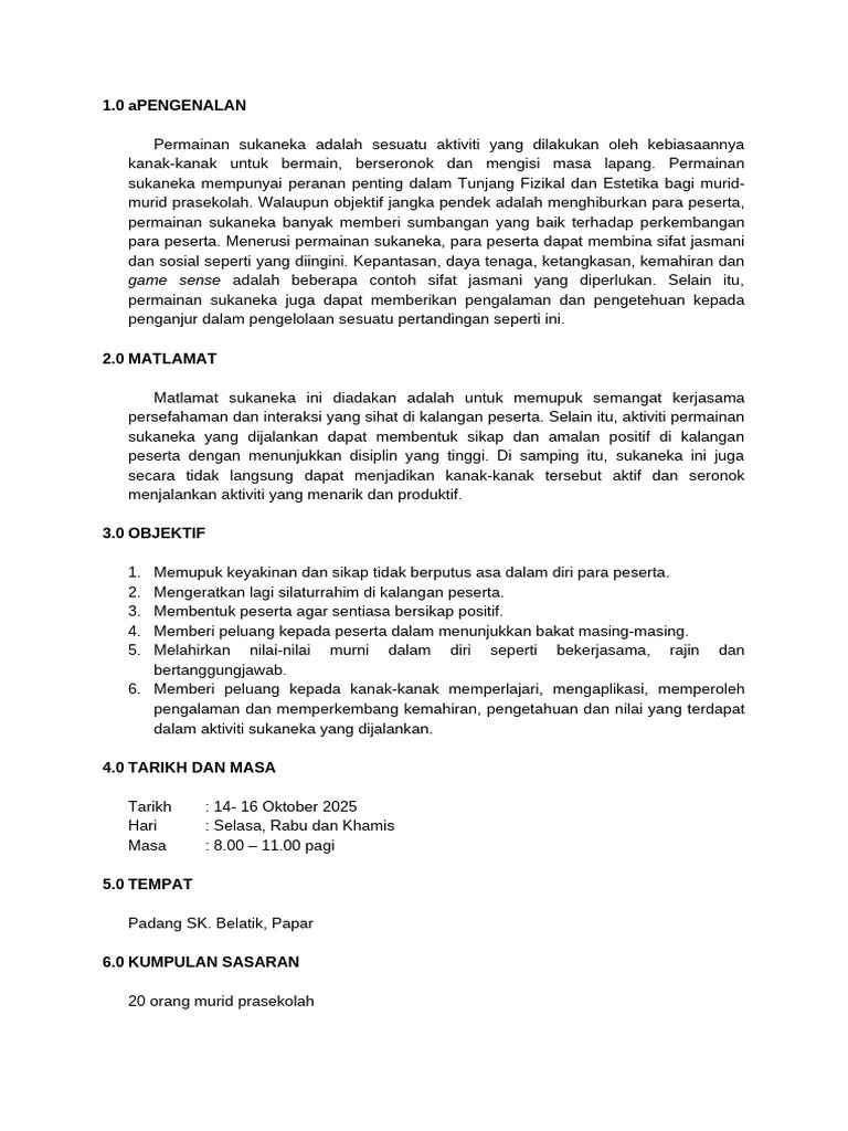 Kertas Kerja Sukaneka Prasekolah 2025 | PDF
