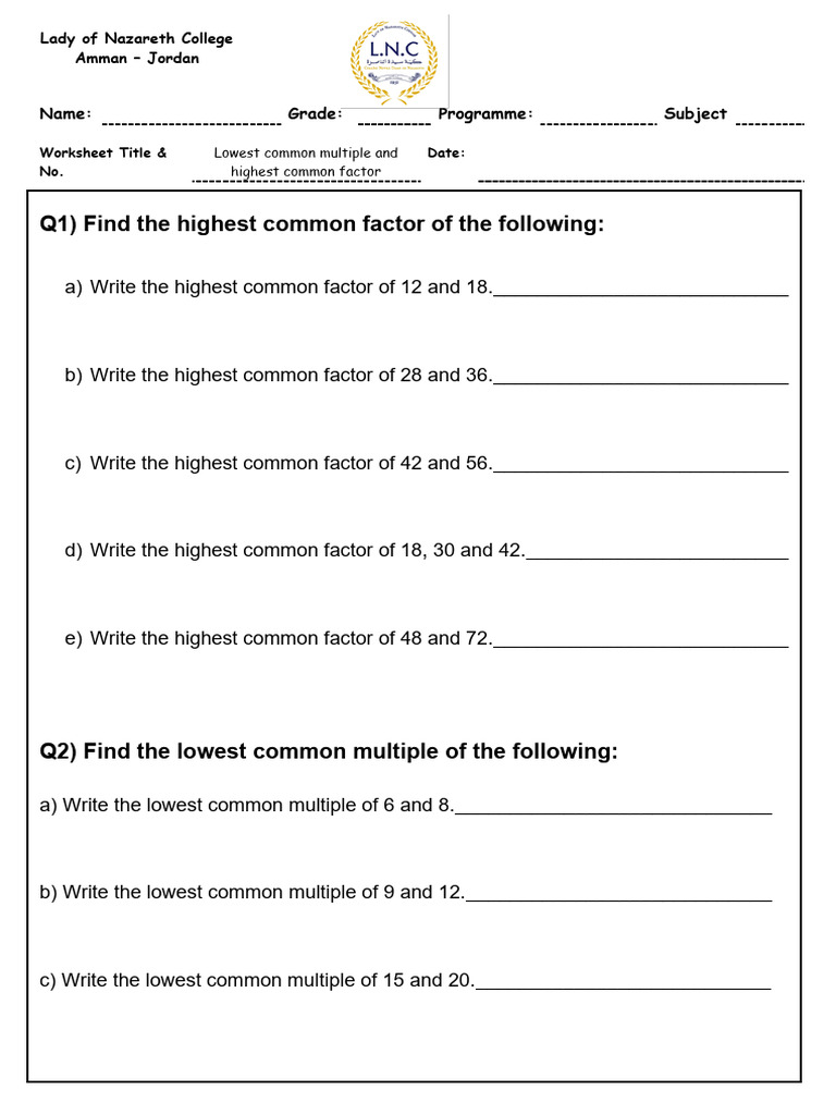 6th Grade LCM-HCF Worksheet | PDF