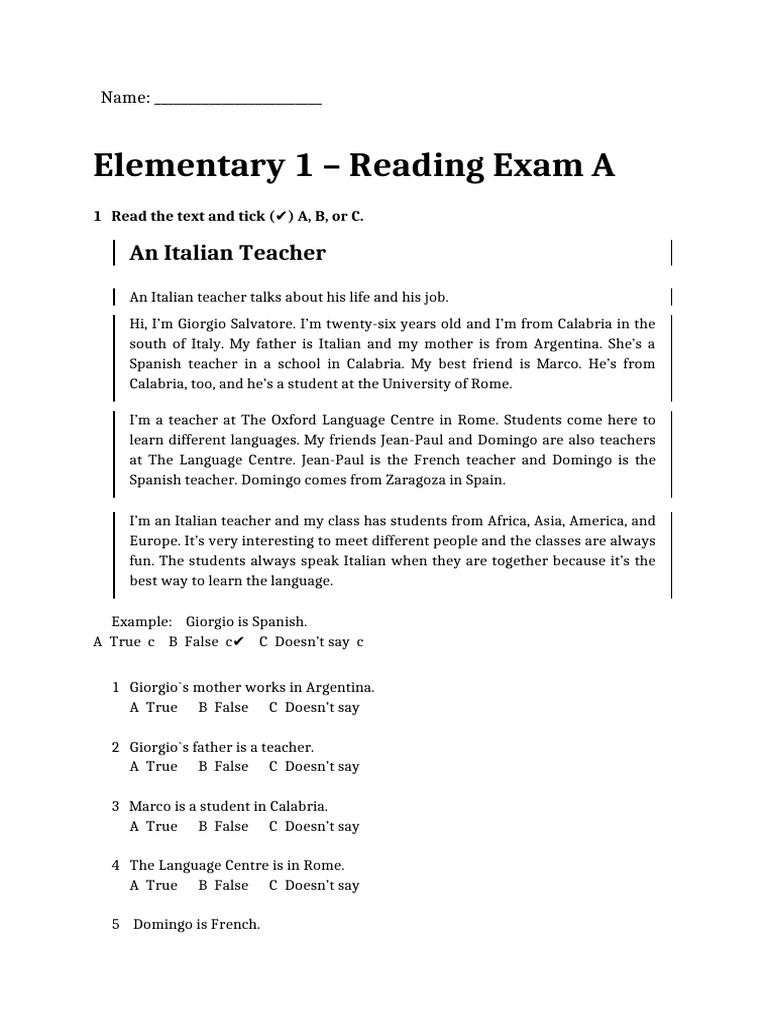 Elementary 1 NEF Reading Exams 12-21-18 | PDF