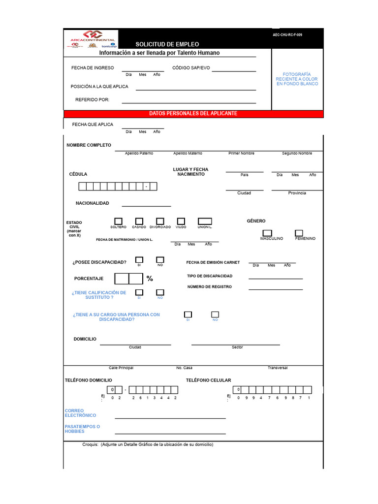 AEC-CHU-RC-F-009 - 01 - AEC-CHU-RC-F-009 Solicitud de Empleo - XLSX - Solicitud de Empleo | PDF