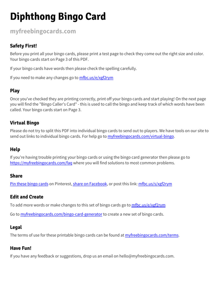 Diphthong Bingo Card | PDF | Play (Activity) | Gaming