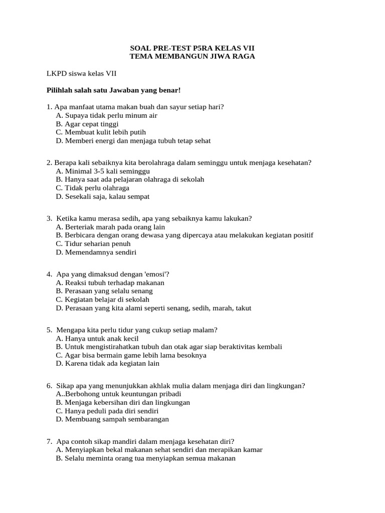 Soal Pre-Test P5RA Kelas VII Jiwa Raga | PDF