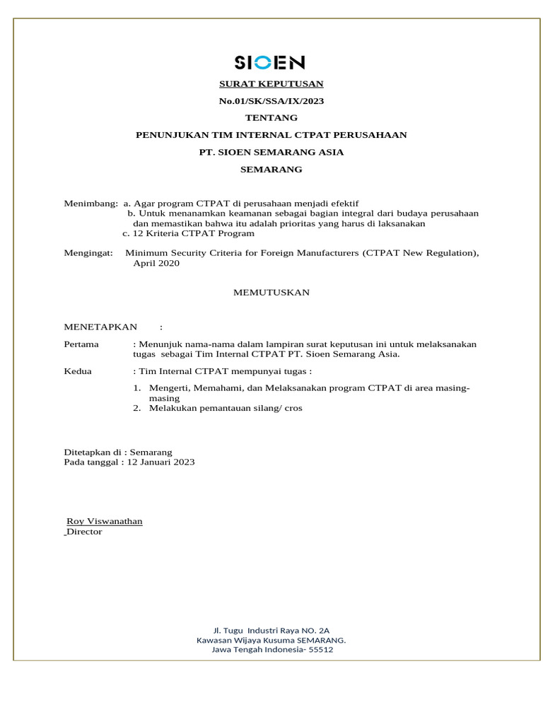 Surat Penetapan Team CTPAT 2020 | PDF