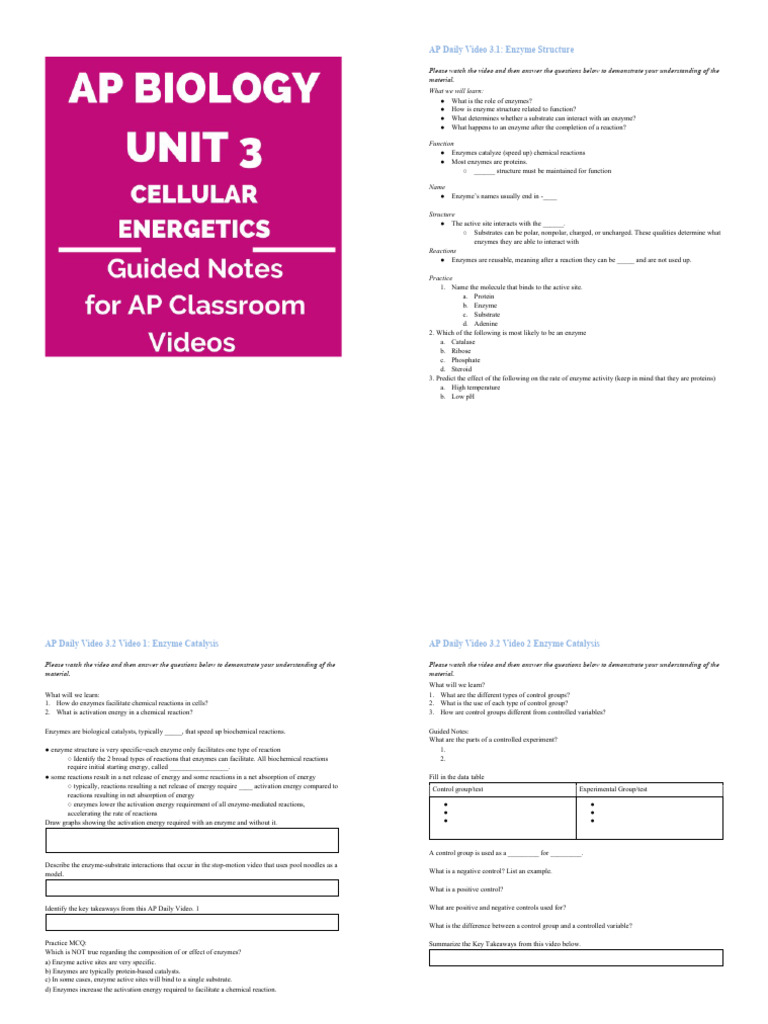 AP Bio Video Unit 3.1-3.3 QUESTIONS | PDF | Enzyme | Enzyme Inhibitor