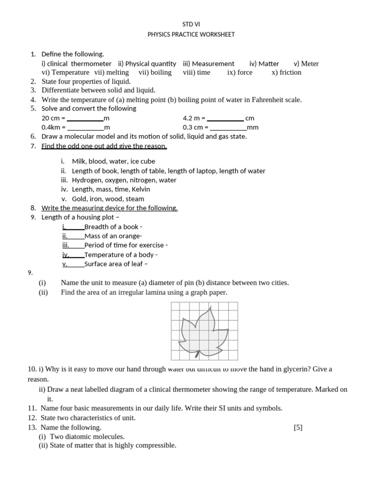 Practice Worksheet STD VI - Physics | PDF | Force | Temperature