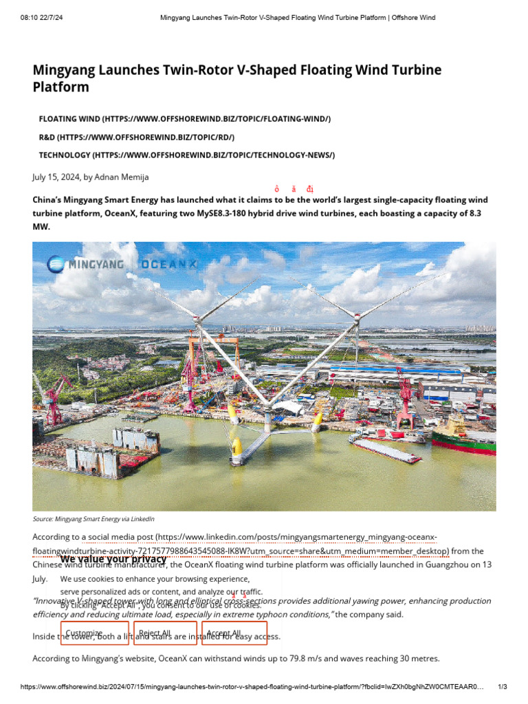 Mingyang Launches Twin-Rotor V-Shaped Floating Wind Turbine Platform ...