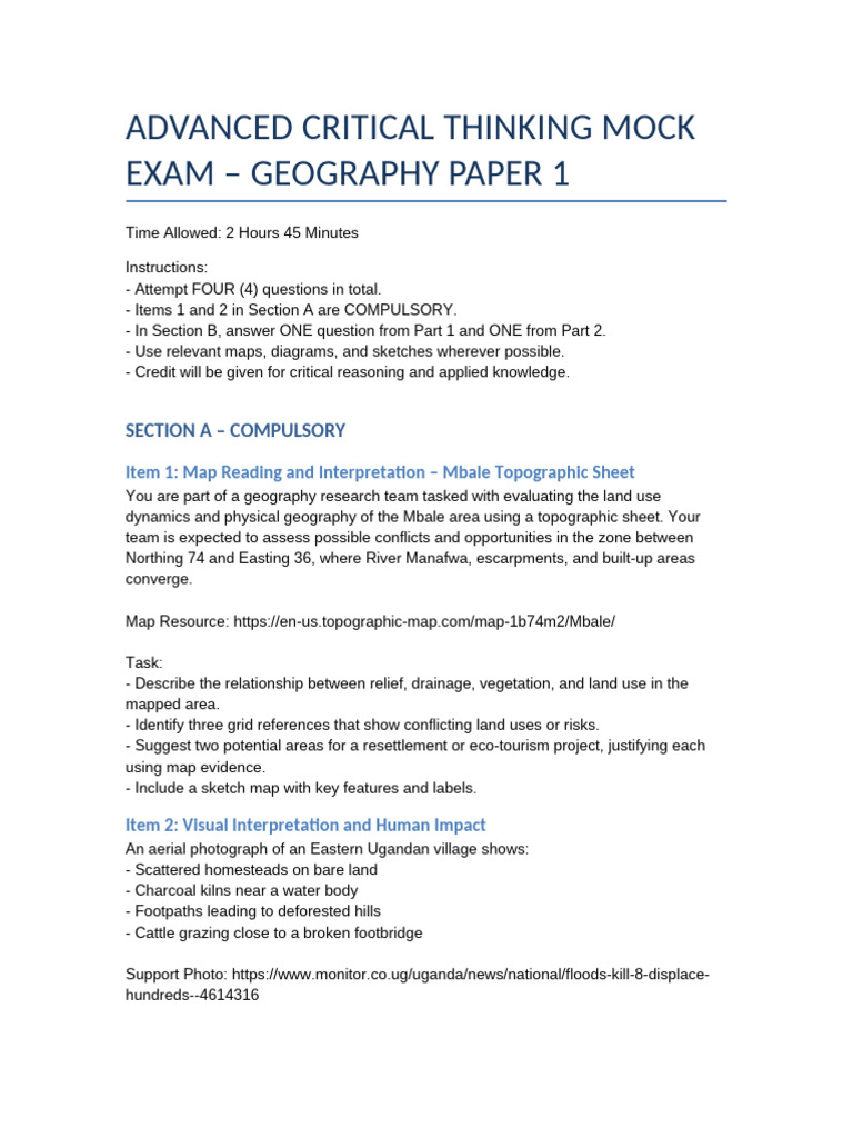 Geography Mock Exam: Critical Thinking Skills | PDF | Geography | Human ...