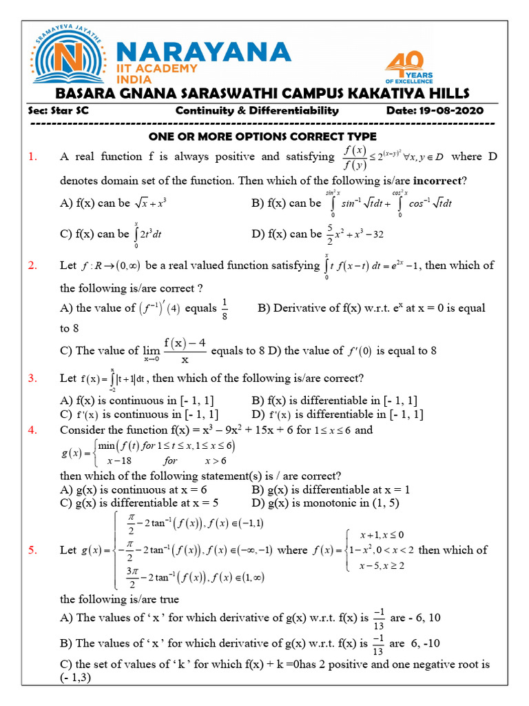 Continuity - Differentiability 19-08-2020 | PDF | Function (Mathematics) | Continuous Function