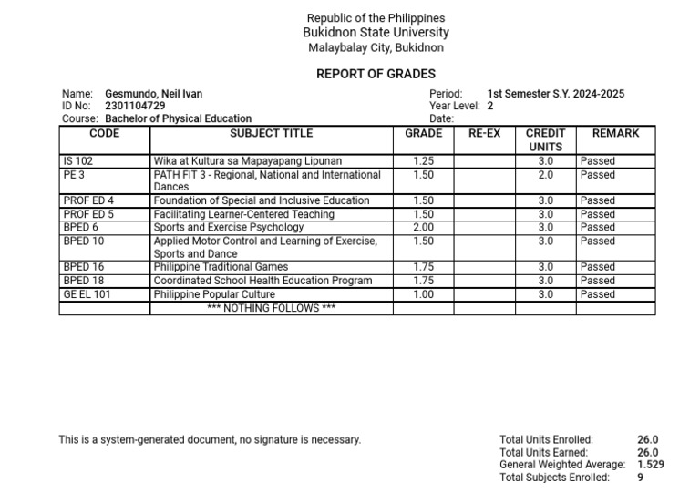 Code Subject Title Grade Re-Ex Credit Units Remark: Report of Grades | PDF