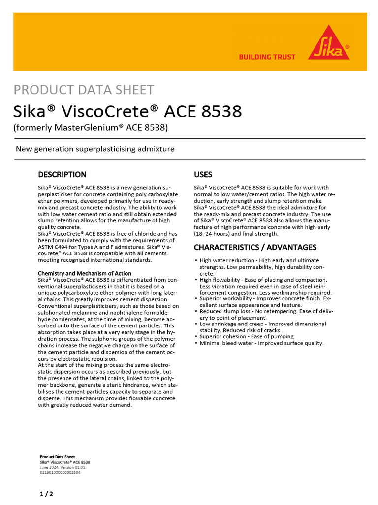 Pds Sika Viscocreteace8538 | PDF | Concrete | Chemistry