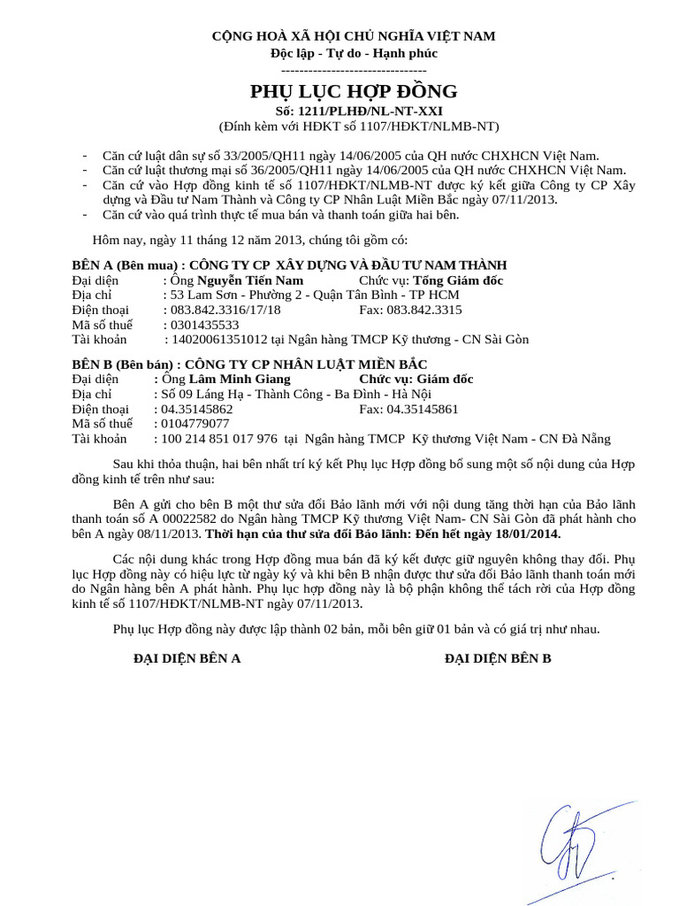 Phu Luc Hop Dong Nam Thanh 11.12.13 | PDF