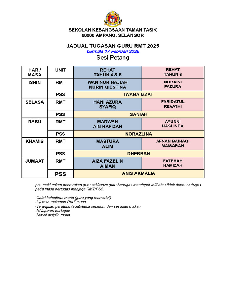 Jadual Bertugas RMT 2025 - Sesi Petang-2 | PDF