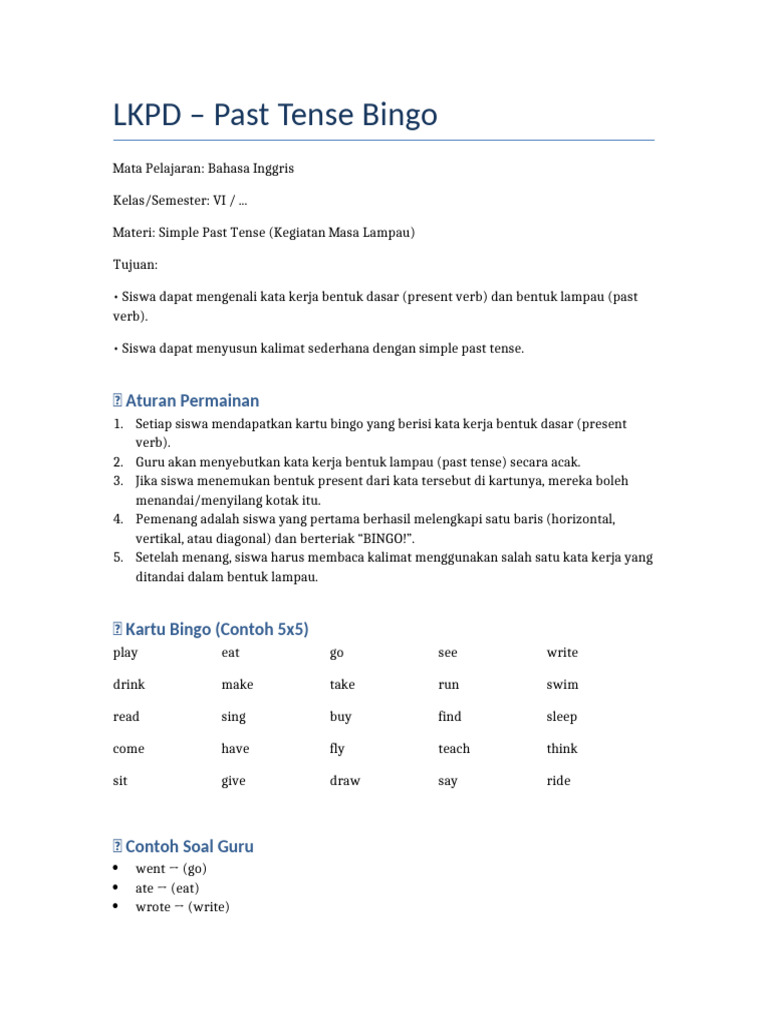 Bingo Kata Kerja Bentuk Lampau | PDF