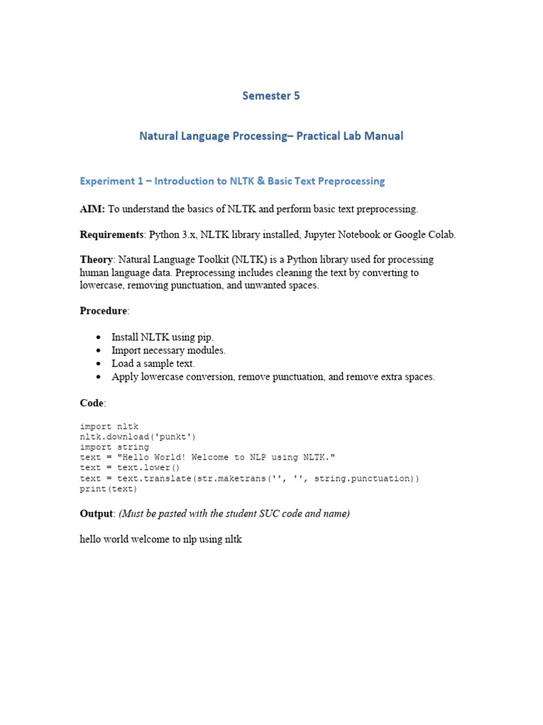 NLP Lab Manual All Experiments | PDF | Part Of Speech | Linguistics