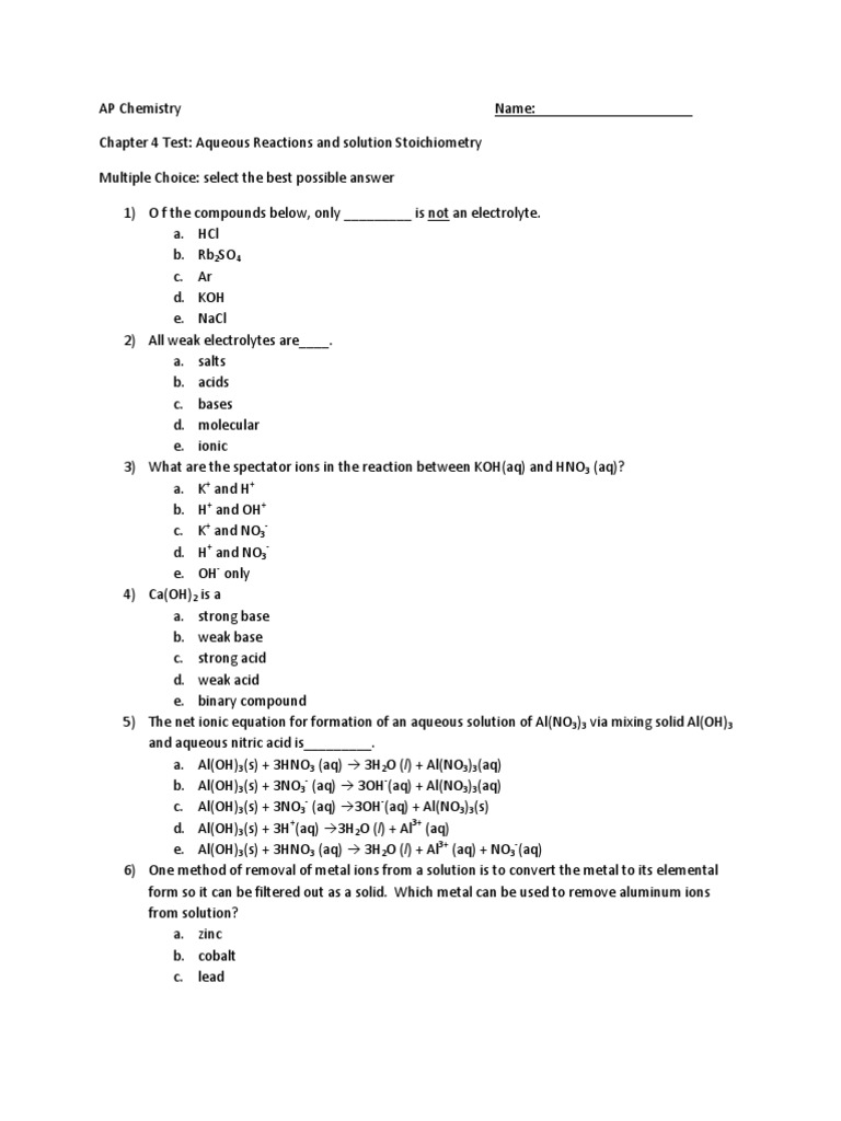 AP Chemistry Chapter 4 Test | PDF | Acid | Mole (Unit)
