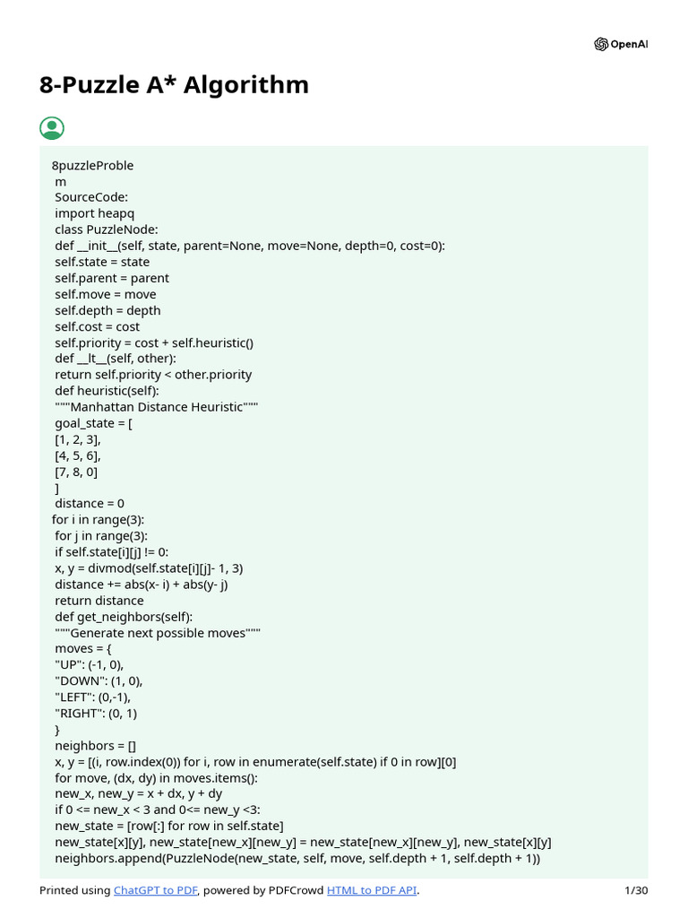 8-Puzzle A - Algorithm | PDF