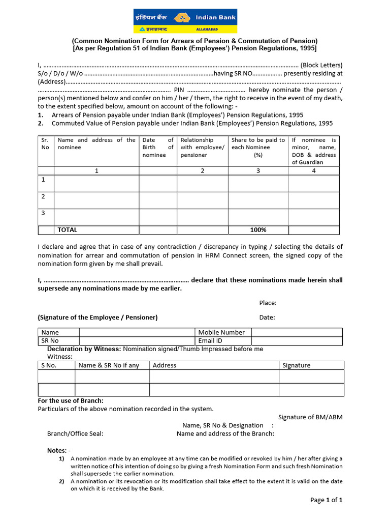 Pension and Commutation Arrear Nomination Form | PDF