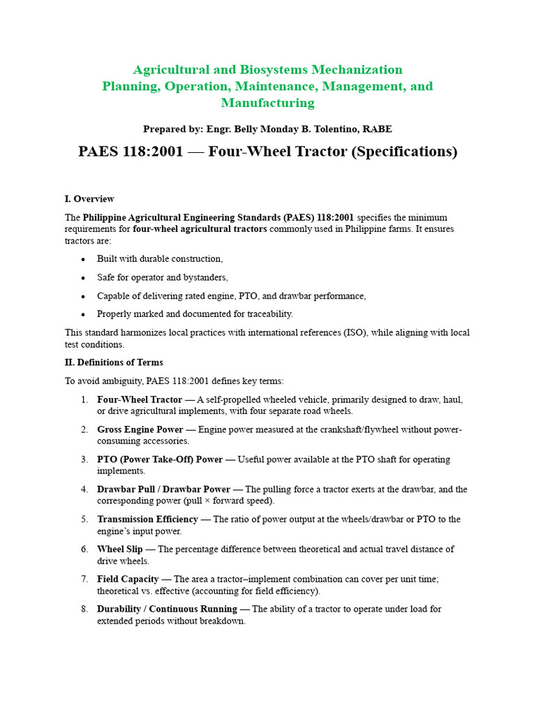 Four Wheel Tractor (Specifications) | PDF | Tractor | Horsepower