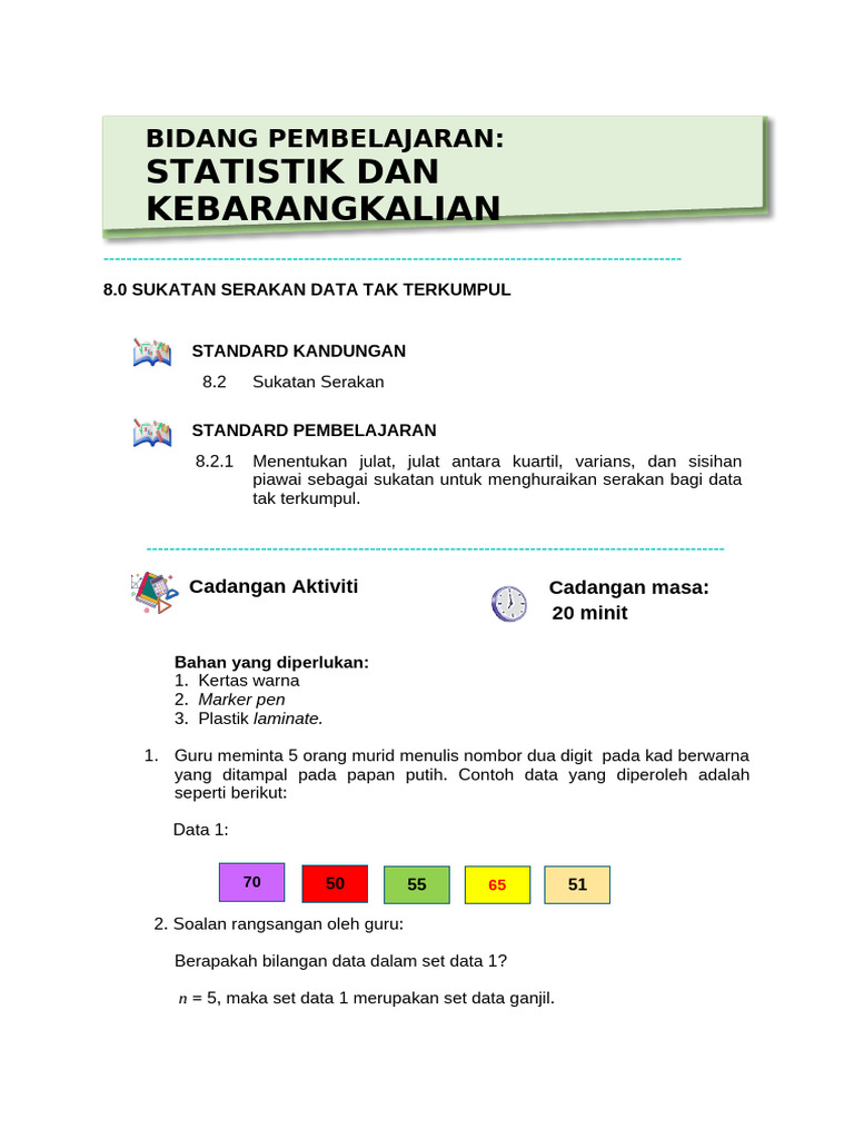 Aktiviti 16 Statistik Sukatan Serakan Data Tak Terkumpul SP 8 2 | PDF
