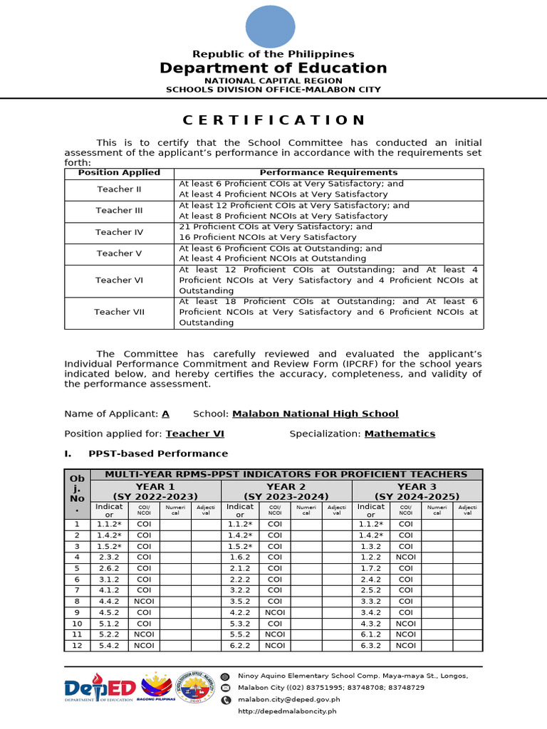 Certification of Competency for Teachers | PDF | Educational Assessment ...