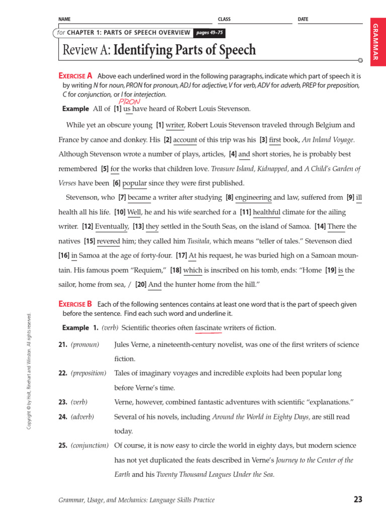Parts of Speech Identification Exercises | PDF | Part Of Speech | Adverb