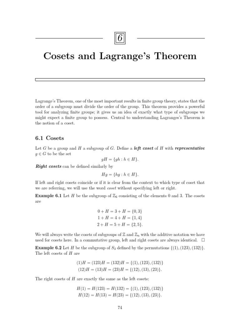 Cosets and Lagranges Theorem | PDF | Index Of A Subgroup | Group ...