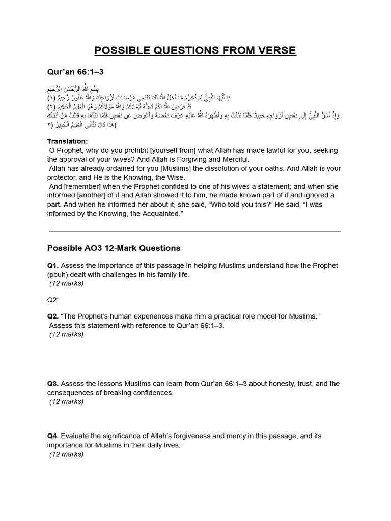 Possible AO3 12-Mark Questions | PDF | God In Islam | Islamic Theology
