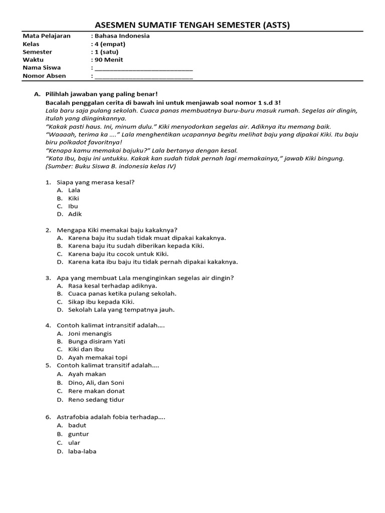 Soal Asts B. Indonesia Kelas 4 Semester 1 | PDF