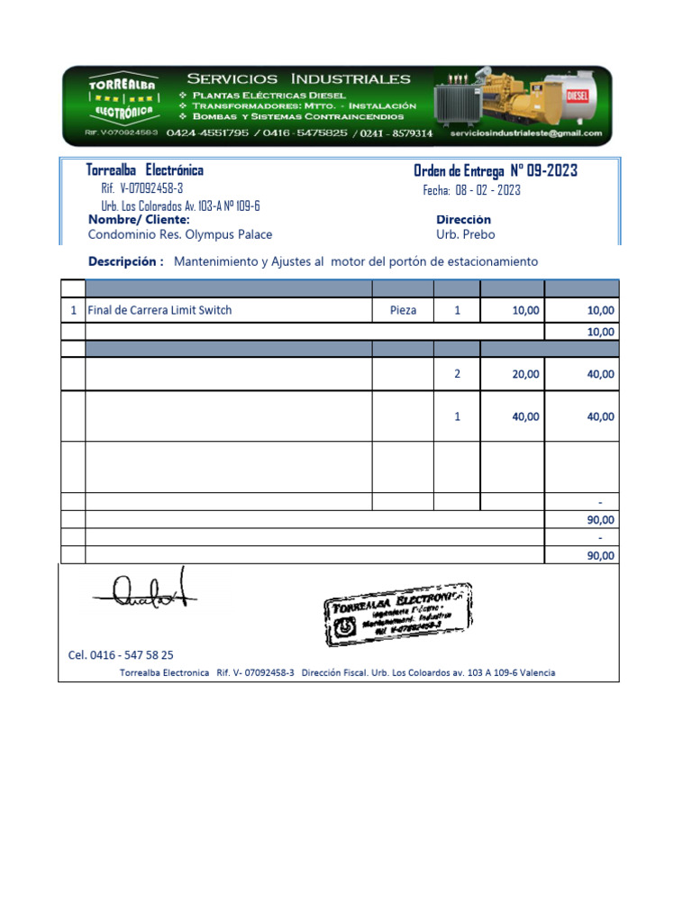 Nota de Entrega Mtto Motor Del Porton de Estacioanmiento | PDF