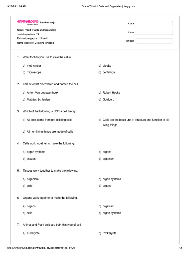 Grade 7 Unit 1 Cells and Organelles - Wayground | PDF | Cell (Biology ...