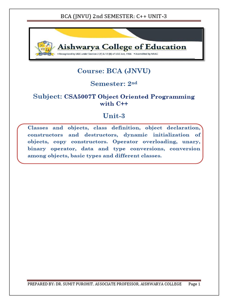 C++ Unit 3: Classes and Objects Guide | PDF | Class (Computer ...