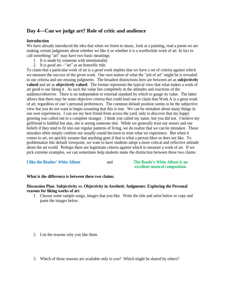 Aesthetics_Day4 Worksheet | PDF | Aesthetics | Reason
