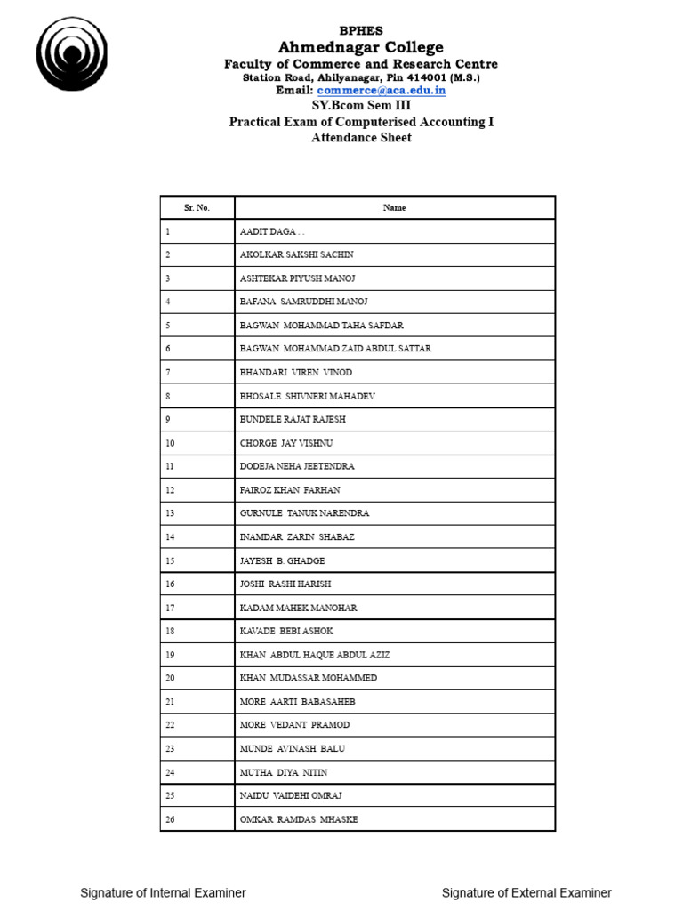 Student Absent List of Practical Exam Sy Bcom Sem3 | PDF