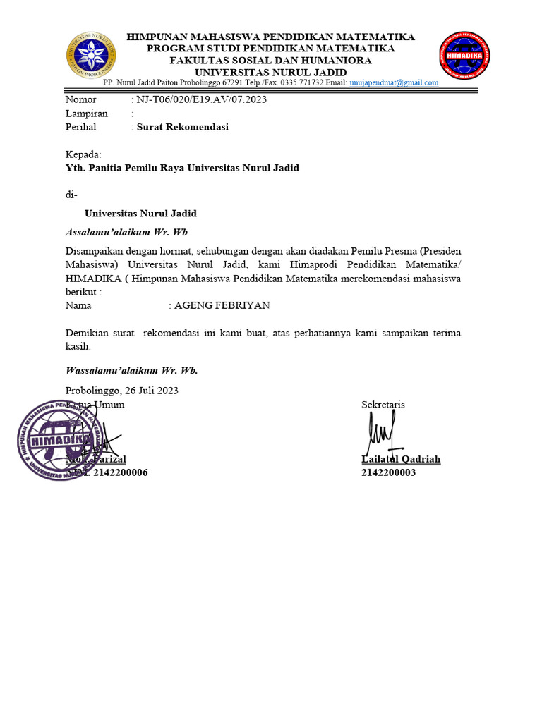 Rekomendasi Pemilu Presma UN Nurul Jadid | PDF