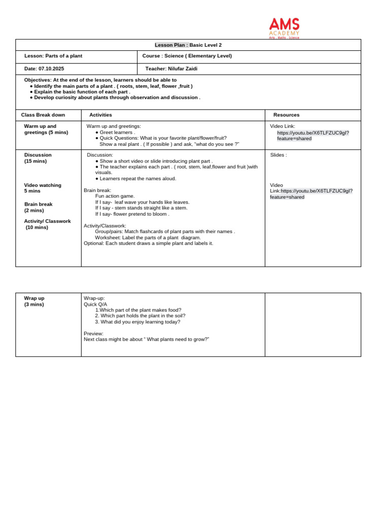 Plant Parts Lesson Plan for Kids | PDF | Plants | Learning
