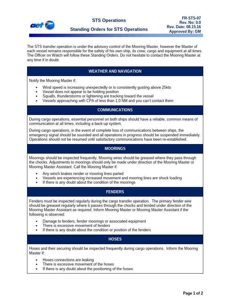 FR-STS-07 Standing Orders For STS Operations | PDF | Ships | Water ...