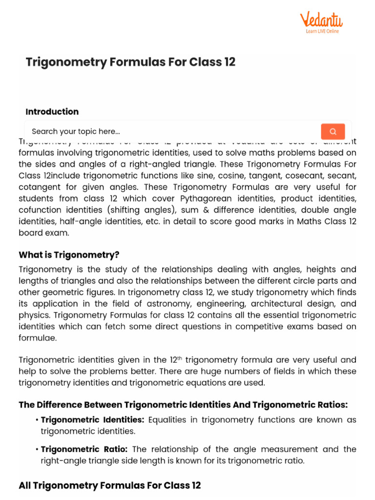 Trigonometry Formulas For Class 12 | PDF
