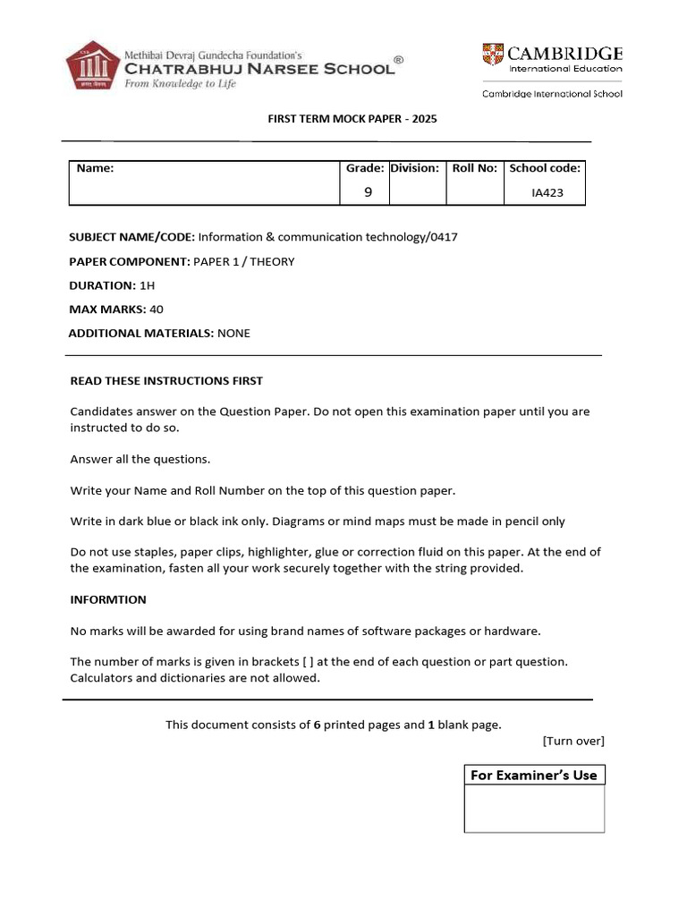 Gr9 ICT MOCK PAPER-1 2025 | PDF | Computer Data Storage | Solid State Drive
