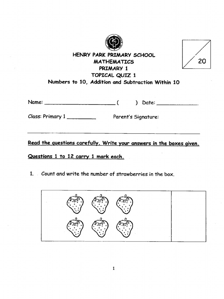 2023 P1 Maths Numbers Quiz 1 Henry Park 3 | PDF