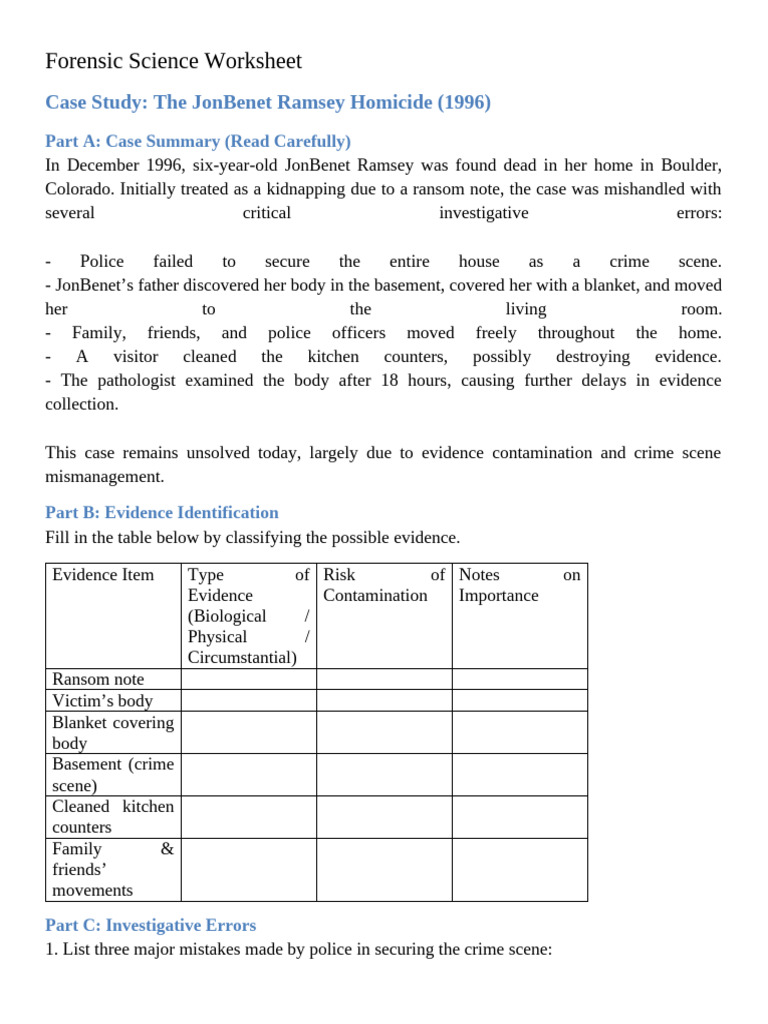 JonBenet Ramsey Case Study Worksheet | PDF