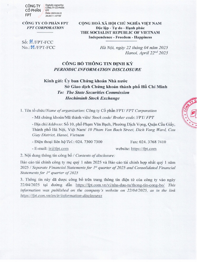 FPT - BCTC Hop Nhat Quy 1 Nam 2025 | PDF