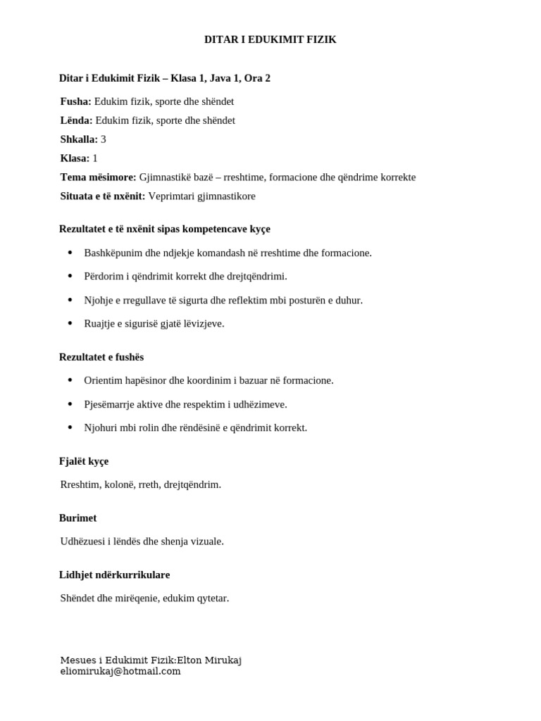Ditar I Edukimit Fizik - Klasa 1, Java 1, Ora 2 | PDF