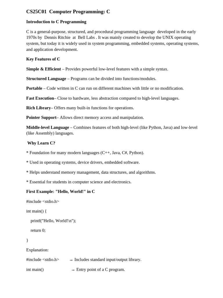 CS25C01 Computer Programming Unit I | PDF | Computer Program | Programming