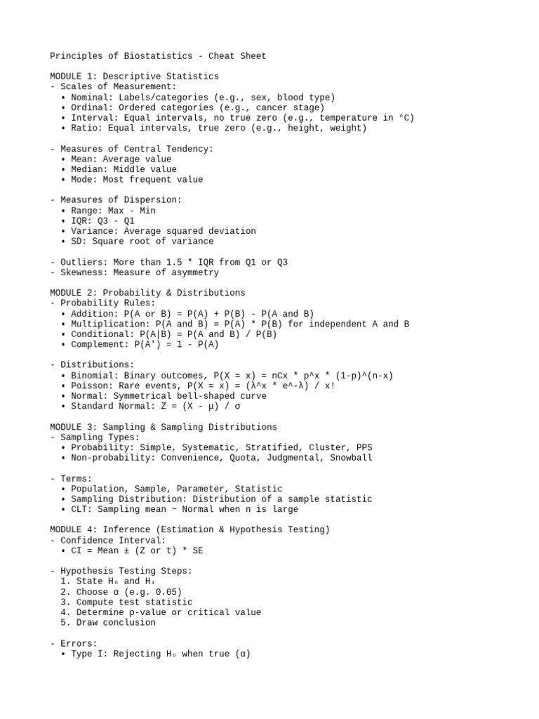 Biostatistics Cheat Sheet Overview | PDF